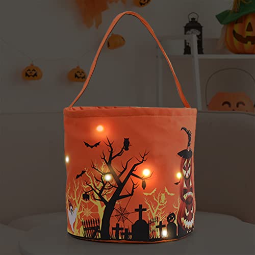 Cqueni Halloween Trick or Treat Candy Bags LED Light Up Pumpkin Bucket, Collapsible Reusable Candy Basket, Fabric Tote Gift Bags for Halloween Parties