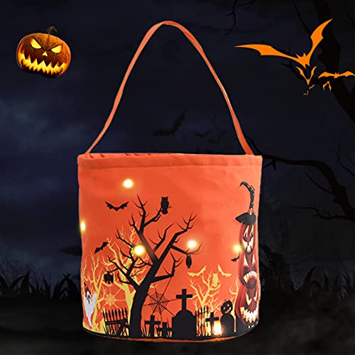 Cqueni Halloween Trick or Treat Candy Bags LED Light Up Pumpkin Bucket, Collapsible Reusable Candy Basket, Fabric Tote Gift Bags for Halloween Parties