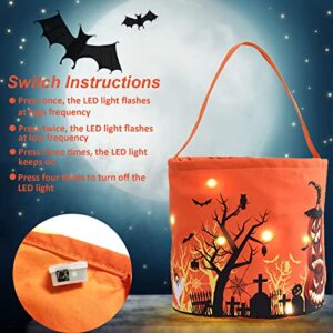 Cqueni Halloween Trick or Treat Candy Bags LED Light Up Pumpkin Bucket, Collapsible Reusable Candy Basket, Fabric Tote Gift Bags for Halloween Parties