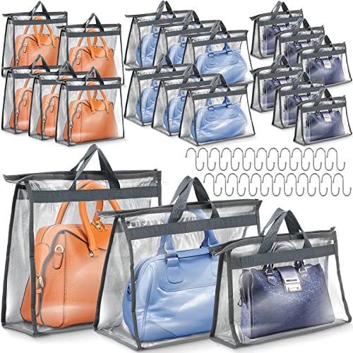 Chumia 20 Pack Dust Bags for Handbags Clear Handbag Storage 3 Sizes Handbag Organizers for Closets Hand Bag Dust Cover Purse Protector Bag with Zipper and Handles with 25 Pcs S Shape Hooks