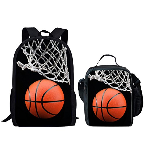 UNICEU Kids Sports Backpack Set 2 Packs, 3D Basketball Print, Large Capacity School Bookbag with Thermal Lunch Bag