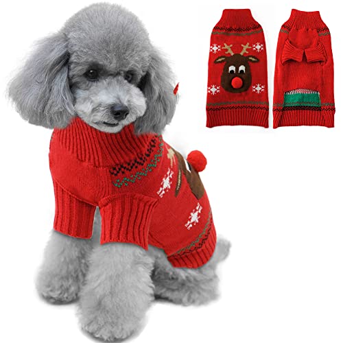 EMUST Dog Sweater, Knitted Christmas Pet Clothes with Pom Pom Ball Warm Dog Reindeer Sweater Soft Dog Christmas Clothes for Large Dogs, Red, XXL