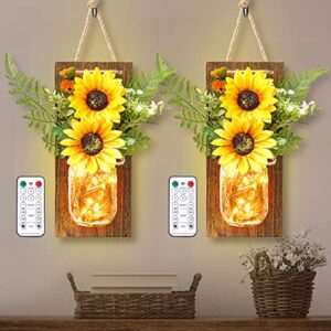 sunflower wall decor mason jar sconces wall decor 2 pcs rustic farmhouse handmade wall art hanging with remote control led fairy lights for home kitchen living room house bedroom wall decorations