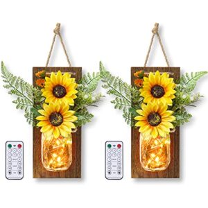 Sunflower Wall Decor Mason Jar Sconces Wall Decor 2 Pcs Rustic Farmhouse Handmade Wall Art Hanging with Remote Control LED Fairy Lights for Home Kitchen Living Room House Bedroom Wall Decorations