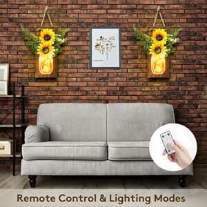 Sunflower Wall Decor Mason Jar Sconces Wall Decor 2 Pcs Rustic Farmhouse Handmade Wall Art Hanging with Remote Control LED Fairy Lights for Home Kitchen Living Room House Bedroom Wall Decorations