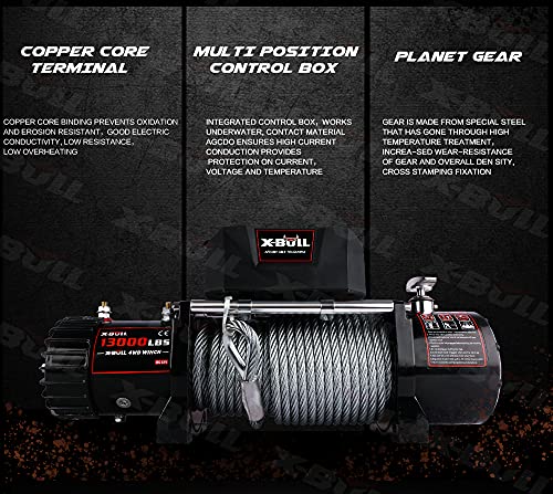 X-BULL - Towing Products & Winch - 12V Waterproof Wire Cable Electric Winch 13000 lb Load Capacity for Truck UTV ATU SUV