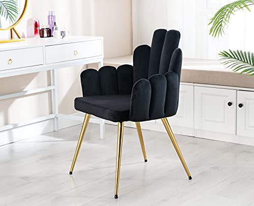 Lei Yu Shunzhi Modern Velvet Dining Chairs Set of 2 Upholstered Leisure Gold Legs Arm Chairs Guest Chairs Skin-Friendly Side Chairs Comfy Vanity Chair for Makeup Room/Bedroom/Living Room, Black, 2PCS