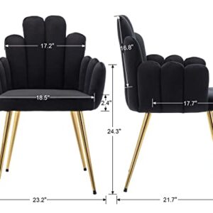 Lei Yu Shunzhi Modern Velvet Dining Chairs Set of 2 Upholstered Leisure Gold Legs Arm Chairs Guest Chairs Skin-Friendly Side Chairs Comfy Vanity Chair for Makeup Room/Bedroom/Living Room, Black, 2PCS