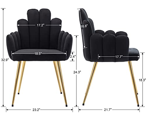 Lei Yu Shunzhi Modern Velvet Dining Chairs Set of 2 Upholstered Leisure Gold Legs Arm Chairs Guest Chairs Skin-Friendly Side Chairs Comfy Vanity Chair for Makeup Room/Bedroom/Living Room, Black, 2PCS