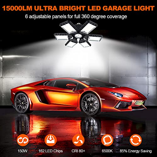 LED Garage Light, 150W Radar Motion Sensor Garage Light, E26/E27 Base Garage Lights Ceiling Led with 6 Adjustable Panels 15000lm Bright LED Shop Lights for Garage, Workshop, Attic, Warehouse(2 Pack)