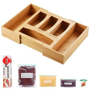 titete ziplock bag organizer, 6 in 1 bamboo food plastic bag storage for drawer, kitchen drawer organizer for gallon, quart, sandwich & variety bags