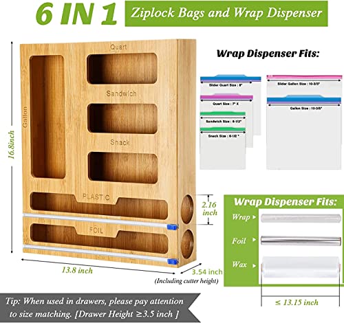 Plastic Wrap Dispenser with Cutter - 6 IN 1 Bamboo Organizer - Ziplock Bag organizer, Kitchen Drawer Foil and Plastic Wrap Organizer for Gallon, Quart, Sandwich & Snack Bag