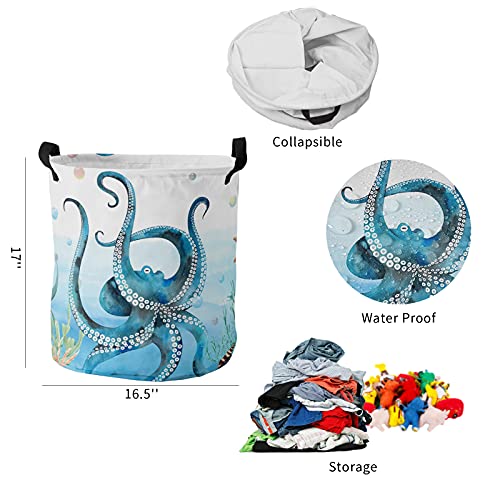 Octopus Laundry Hamper Large Waterproof Lightweight Collapsible Storage Basket, Toy Dirty Clothes Organizer for Bedroom Office Dorm, Boys and Girls - Blue Octopus Ocean Marine Life Theme