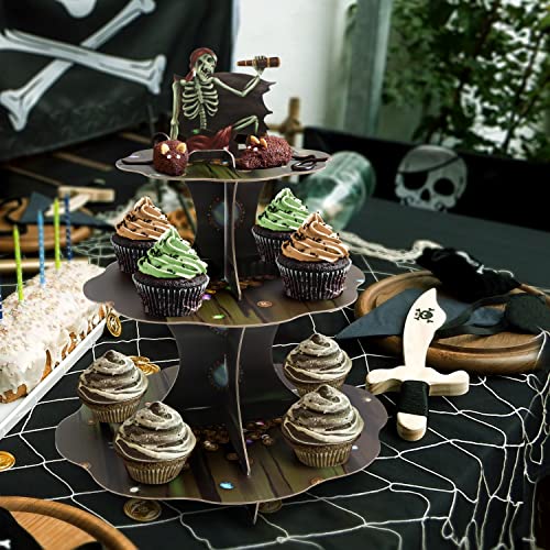 Skull Pirate Cupcake Stand for Halloween Theme Party Decorations Cake Serving Tray for Pirate Skeleton Wedding Birthday Cosplay Party Supplies