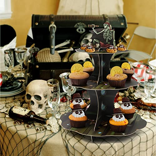 Skull Pirate Cupcake Stand for Halloween Theme Party Decorations Cake Serving Tray for Pirate Skeleton Wedding Birthday Cosplay Party Supplies