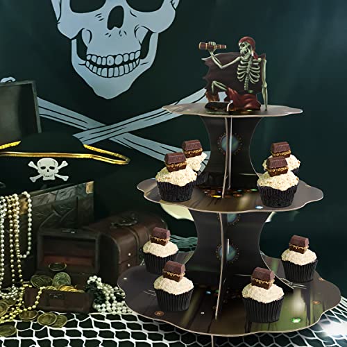 Skull Pirate Cupcake Stand for Halloween Theme Party Decorations Cake Serving Tray for Pirate Skeleton Wedding Birthday Cosplay Party Supplies