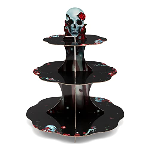 Gothic Rose Skull Cupcake Stand for Halloween Party Decoration Floral Skeleton Cake Serving Tray Gothic Birthday Wedding Proposal Anniversary Table Decorations