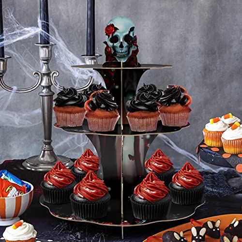 Gothic Rose Skull Cupcake Stand for Halloween Party Decoration Floral Skeleton Cake Serving Tray Gothic Birthday Wedding Proposal Anniversary Table Decorations