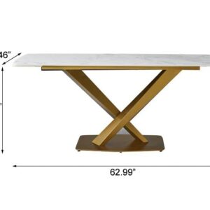 HomSof Sintered Stone, Carrara Color Modern Dinning Table with Solid Carbon Stell Base 63", 1 Piece, White+Gold+Brown