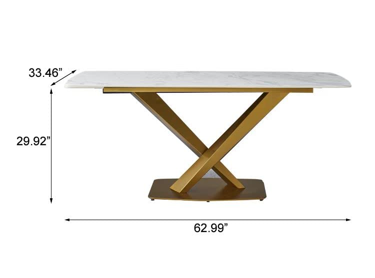 HomSof Sintered Stone, Carrara Color Modern Dinning Table with Solid Carbon Stell Base 63", 1 Piece, White+Gold+Brown