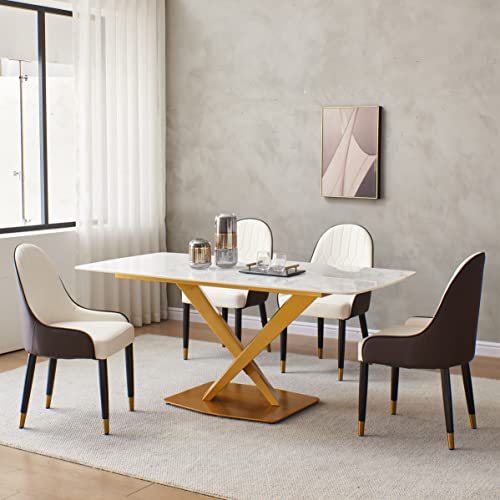 HomSof Sintered Stone, Carrara Color Modern Dinning Table with Solid Carbon Stell Base 63", 1 Piece, White+Gold+Brown