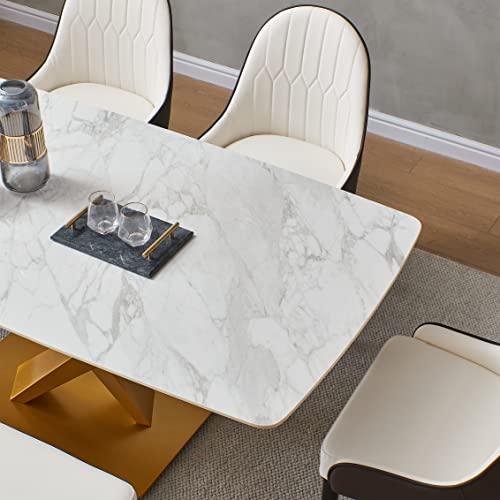 HomSof Sintered Stone, Carrara Color Modern Dinning Table with Solid Carbon Stell Base 63", 1 Piece, White+Gold+Brown