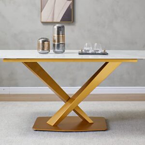 HomSof Sintered Stone, Carrara Color Modern Dinning Table with Solid Carbon Stell Base 63", 1 Piece, White+Gold+Brown