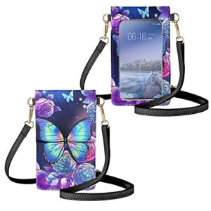 wellflyhom rose butterfly crossbody bag cell phone purses for women girls purple mini messenger pouch mini-functional waterproof touch screen phone carrier bags small stuff sack