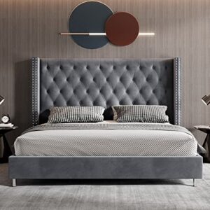 Jocisland King Bed Frame Upholstered Bed Wingback Headboard Velvet Tufted Diamond Button/No Box Spring Needed/Easy Assembly/Dark Gray