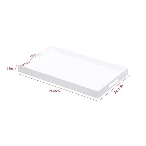 KEVJES Large White Acrylic Serving Tray with Handles-14x24x2 Inch Big Size Spill Proof Tray for Ottoman,Coffee Table, Breakfast, Tea, Food, Butler -Safe Edge Organizer Tray Decorative Tray