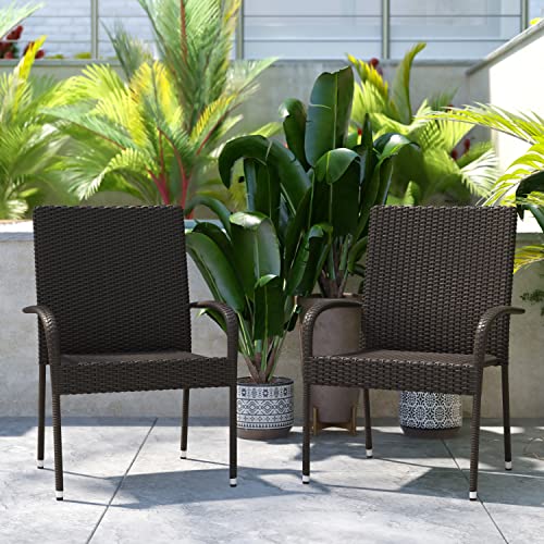 Flash Furniture Maxim Wicker Indoor/Outdoor Dining Chairs with Arms - Espresso Wicker Wrapped Steel Frames - Fade & Weather Resistant-For Deck or Backyard - Set of 2