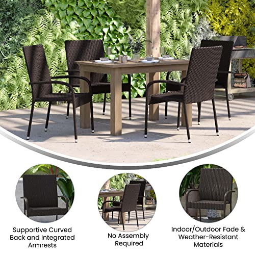 Flash Furniture Maxim Wicker Indoor/Outdoor Dining Chairs with Arms - Espresso Wicker Wrapped Steel Frames - Fade & Weather Resistant-For Deck or Backyard - Set of 2