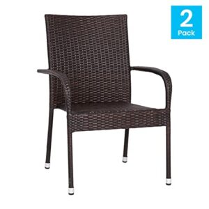 Flash Furniture Maxim Wicker Indoor/Outdoor Dining Chairs with Arms - Espresso Wicker Wrapped Steel Frames - Fade & Weather Resistant-For Deck or Backyard - Set of 2