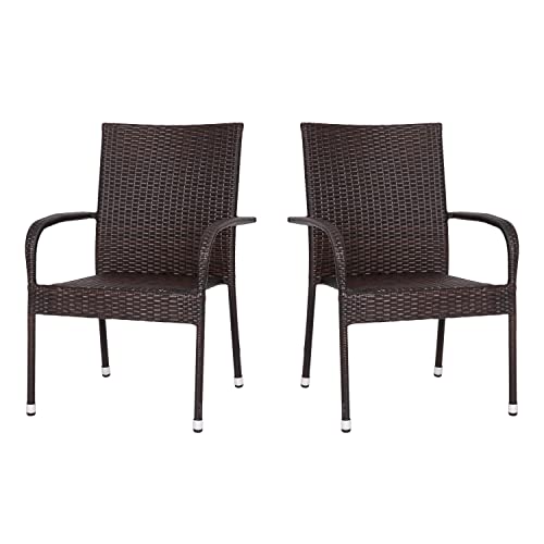 Flash Furniture Maxim Wicker Indoor/Outdoor Dining Chairs with Arms - Espresso Wicker Wrapped Steel Frames - Fade & Weather Resistant-For Deck or Backyard - Set of 2