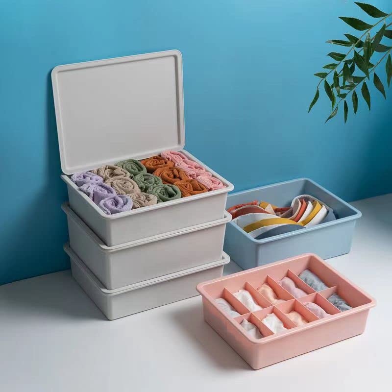 NeatAid 3-piece Plastic Closet Dresser Drawer Storage Organizer Container Bin - Multi-Grid, Stackable with lid, for Underwear, Bra, Socks, small items, Elegant Design, Pink/Gray/Blue, set of 3 (Pink)