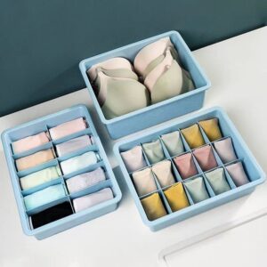 NeatAid 3-piece Plastic Closet Dresser Drawer Storage Organizer Container Bin - Multi-Grid, Stackable with lid, for Underwear, Bra, Socks, small items, Elegant Design, Pink/Gray/Blue, set of 3 (Pink)