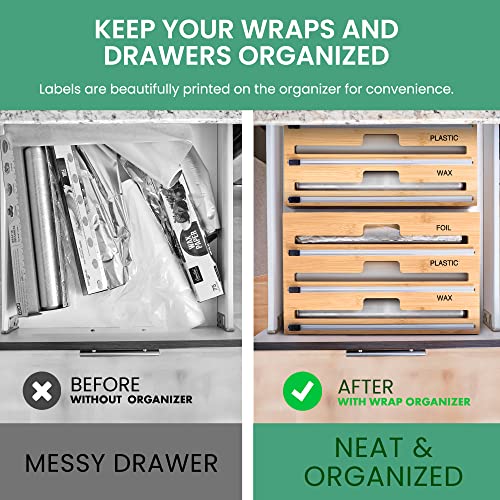 Amazecore wrap organizer with cutter 3 in 1 Plastic Wrap Dispenser for Aluminum Foil & Cling Film & Parchment Paper