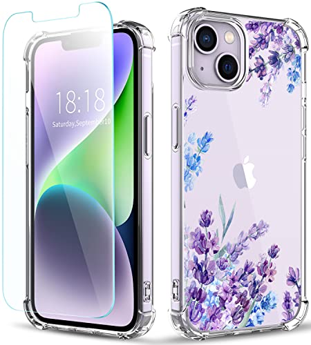 YOYORI iPhone 14 Plus Case with Screen Protector, Flower Pattern Design, Floral Clear Women Phone Case Shockproof Protective Soft TPU Bumper Cover 6.7 Inch 2022 (Lavender/Purple)