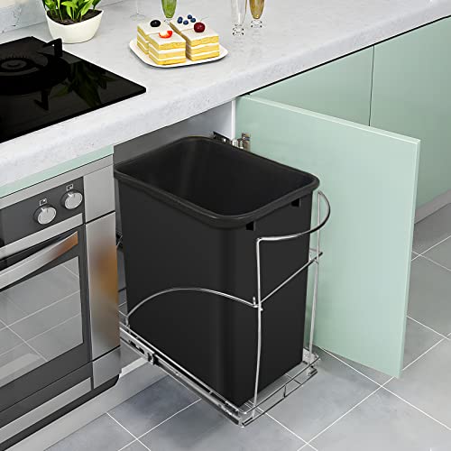 Pyinlon Pull Out Trash Can Under Cabinet, Heavy Duty Alloy Steel Adjustable Slide Out Garbage Can Shelf for Kitchen-Trash Can not Included-Silver