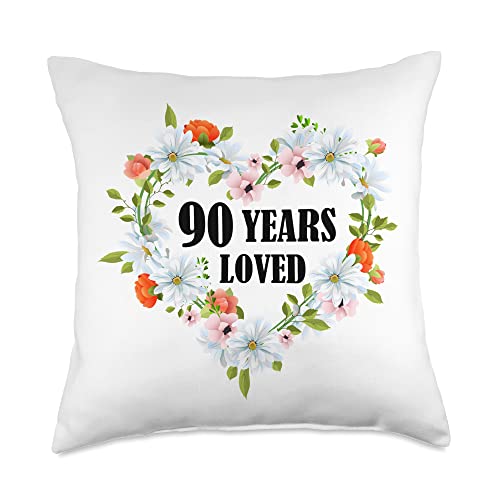 90th Birthday Gift Ideas for Her Him Floral Old Birthday Men Women 90 Years Loved Throw Pillow, 18x18, Multicolor