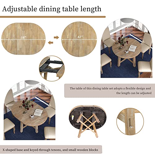 P PURLOVE 5 Pieces Dining Table Set Round Kitchen Extendable Dining Table with 4 Upholstered Chairs for Dining Room, Chair with Nail Head Trim, Bistro Table Set, Natural Wood Wash