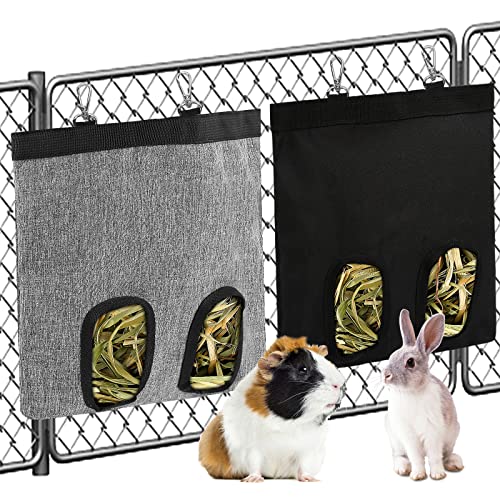 2 Piece Rabbit Hay Feeder Bags for Cages - Two Opening Guinea Pig Grass Racks with Clips Rabbit Feeder Fabric Bag Chinchilla Feeder Small Animal Feeding Hay Bag Herbivore Chew Waterproof Bag