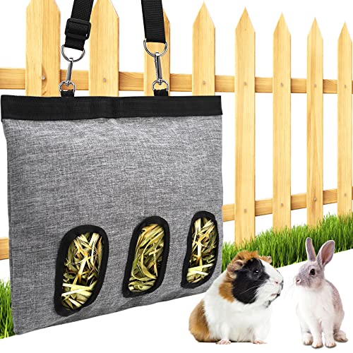 Guinea Pig Hay Bag Rabbit Feeding Bag, Rabbit Hay Feeder, 3 Holes Small Animal Hay Feeder Bag Hanging Feeder Bag Storage Strap for Chinchilla Hamster Rabbit Guinea Pig Small Pets (Grey)