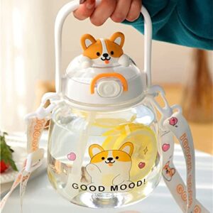 NioiiLife Kawaii Water Bottle with Handle Shoulder Strap & Straw for Carrying Leakproof Cute Animal-Themed Large Drinking Jug 1.3L (Corgi)