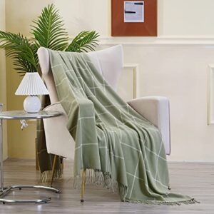 Bangya Acrylic Plaid Throw Blanket with Decorative Fringe for Travel，Bed, Sofa, Couch,Office (Green, 50inch x 60inch)