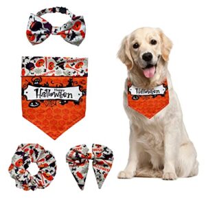 halloween dog bandanas boy girl 4 pcs, reversible printing pet scarf, pumpkin ghost candy bat bib for small medium large cat dogs owner mom (orange)