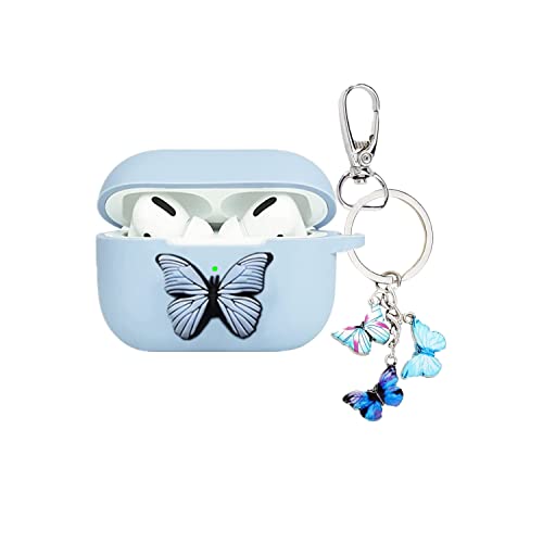 Case for Airpods Pro Case Protective Cute Butterfly Silicone Case Cover Portable & Shockproof Women Girls with Butterfly Keychain Clip for Apple Airpod Pro Charging Case (Blue)