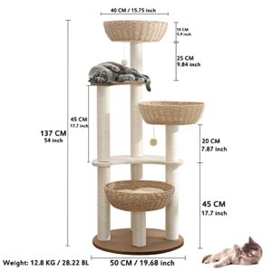 54" Modern Cat Tree Tower for Large Cats, 3Cat Nests Manual Hand Woven Multilevel Huge Paws Pals Cat Tree, Wood Cat Tower, Cat Scratching Tree, Cat Condo, Cat Lover Gift, Real Branch Luxury Cat Condo