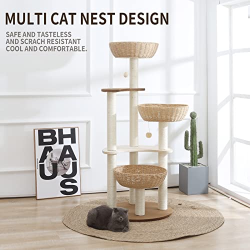 54" Modern Cat Tree Tower for Large Cats, 3Cat Nests Manual Hand Woven Multilevel Huge Paws Pals Cat Tree, Wood Cat Tower, Cat Scratching Tree, Cat Condo, Cat Lover Gift, Real Branch Luxury Cat Condo