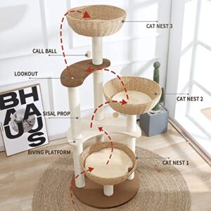 54" Modern Cat Tree Tower for Large Cats, 3Cat Nests Manual Hand Woven Multilevel Huge Paws Pals Cat Tree, Wood Cat Tower, Cat Scratching Tree, Cat Condo, Cat Lover Gift, Real Branch Luxury Cat Condo